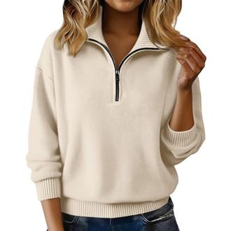 Generic Pull en casmere &agrave; fermeture &eacute;clair 1/4 pour femme - Col montant - Manches longues - Coupe ample - D&eacute;contract&eacute; - Hiver - Confortable, beige, 3XL