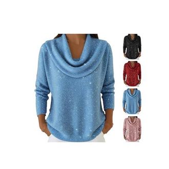 Generic Pull doux et &eacute;l&eacute;gant &agrave; col volant&eacute; de couleur unie pour femme, pull &agrave; manches longues et col b&eacute;nitier, Paillettes bleues., XXL