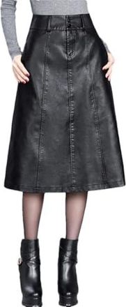 Generic Jupe trap&egrave;ze en cuir pour femme, taille haute, &eacute;l&eacute;gante, chic, ample, d&eacute;contract&eacute;e, pour le bureau, les jupes mi-longues, Noir, L