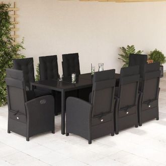 vidaXL 9-tlg. Garten-Essgruppe mit Kissen Schwarz Poly Rattan Vidaxl