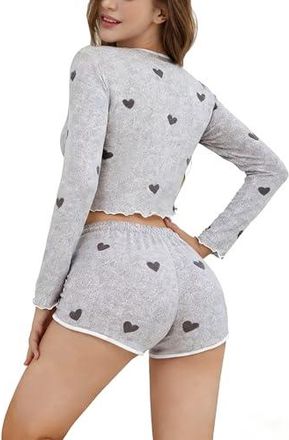 Generic Ensemble de pyjama en tricot c&ocirc;tel&eacute; imprim&eacute; coeur, haut court boutonn&eacute; &agrave; manches longues et short pour femme, gris, XL