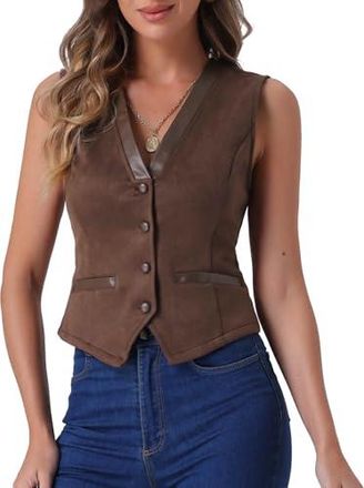Allegra K Gilet en Faux Daim pour Femme Veste Sans Manches Cowboy à Col en V Manteaux Boutonné Vintage Veste Décontractée Marron XS