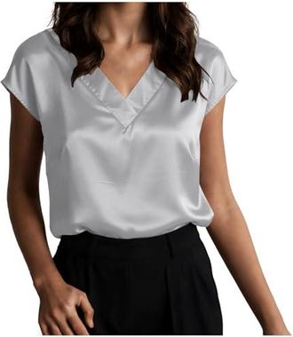 Generic Blouse Satin avec Brillance Femme Chic Et &eacute;l&eacute;gant Soir&eacute;e Chemise Manches Courtes Col en Rond Chemisier Grande Taille Printemps Fashion Casual C&eacute;r&eacute;moni
