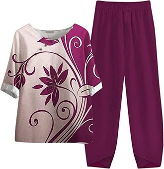 Generic Ensemble de Vêtements 2 Pièces Femme Elegante Dété Imprimé Floral T-Shirt Manches 3/4 + Pantalon Large Taille Haute Pas Cher DIntérieur Jogging Tenue 