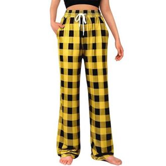 Generic Pantalon de pyjama unisexe &agrave; carreaux extensible confortable pour homme avec cordon de serrage &agrave; la taille et poches, jaune, XXL