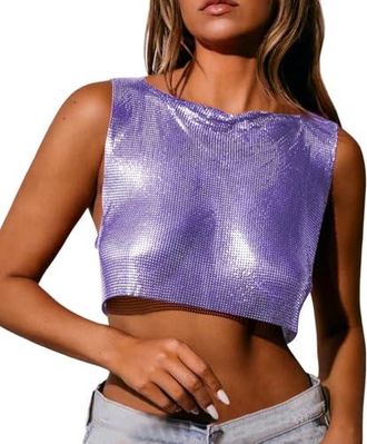 Generic D&eacute;bardeur brillant pour femme 2025 &agrave; paillettes sans manches mignon chemisier de f&ecirc;te strass Y2K scintillant d&eacute;bardeur d&eacute;t&eacute; d&eacute;contract&eacute; court col bate