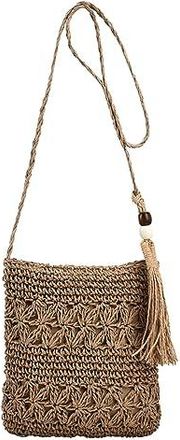 Generic Sac &agrave; main pour femme - Beige - En raphia tiss&eacute; &agrave; la main - Sac de plage d&eacute;t&eacute; avec pompon - Sac &agrave; bandouli&egrave;re tiss&eacute; pour le travail, les voyages, les 