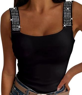 Generic D&eacute;bardeur pour femme - En coton - D&eacute;contract&eacute; - &Eacute;l&eacute;gant - Avec strass - A&eacute;r&eacute; - Camisole - Sans manches - &Eacute;lastique - Sans manches - Y2K - L&eacute;ger - Coup
