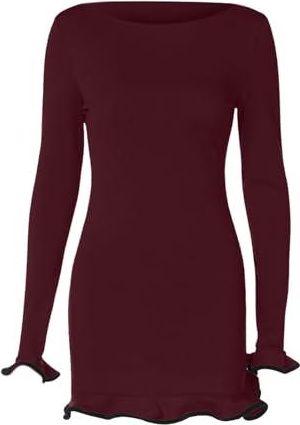 Generic Robe amincissante &agrave; manches longues pour femme - Robe dautomne &agrave; col rond - Mini jupe tricot&eacute;e - Pull dhiver fin et d&eacute;contract&eacute;, bordeaux, XS