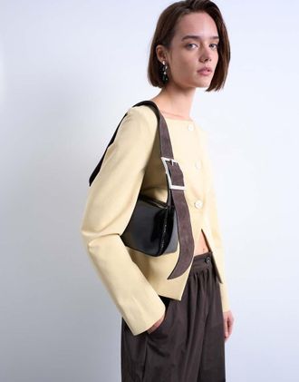 Topshop Scarlett - Sac porté épaule en daim véritable à bandoulière contrastante - Noir et chocolat