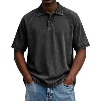 Generic Polo vieilli pour homme en coton d&eacute;lav&eacute; &agrave; manches courtes avec boutons - Pull vintage &agrave; col &agrave; revers - Confortable - Doux &agrave; porter - &Eacute;vacuation de lhu