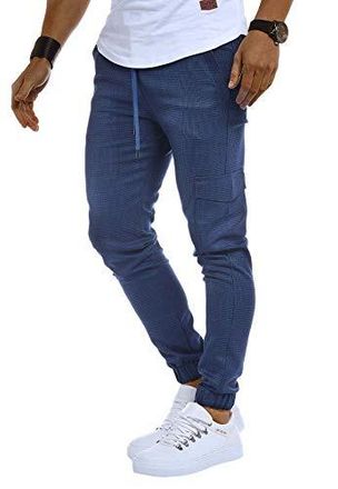 LEIF NELSON LN8291 Pantalon de jogging chino avec poche cargo pour homme Coupe ajustée Motif à carreaux - Bleu - X-Large