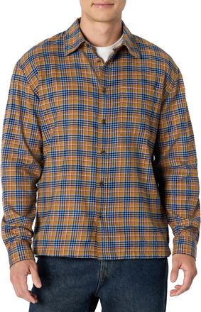 Amazon Essentials Herren (Demis Favorit) Langärmliges Relaxed-Fit-Flanellhemd, Blau Dunkles Khaki Houndstooth Plaid, S