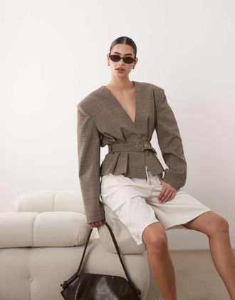 Asos Blazer ceintur&eacute; style ann&eacute;es 80 &agrave; carreaux - Gris