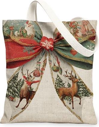 Generic Sacs fourre-tout de Noël rustiques en toile, imprimé animal festif, sacs à provisions réutilisables, en lin vintage, léger et lavable à lépaule, Rouge