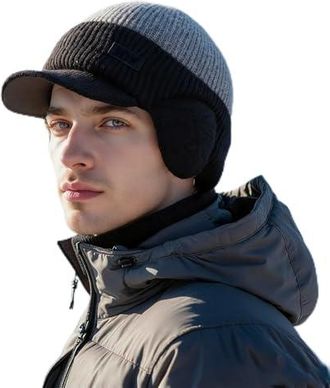 Generic Chapeau dhiver, casquette de baseball tricot&eacute;e pour hommes, chapeau &agrave; rabat doreille avec bord, bonnet thermique coupe-vent, casquette de protection d