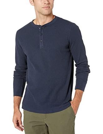 Amazon Essentials Haut Henley Tissu Nid dAbeille à Manches Longues Coupe Régulière Homme, Bleu Marine, M