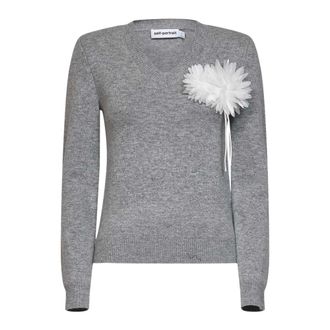 Self Portrait Femme, Pulls, Gris, Taille: 42 FR Pull &agrave; encolure en V avec application florale