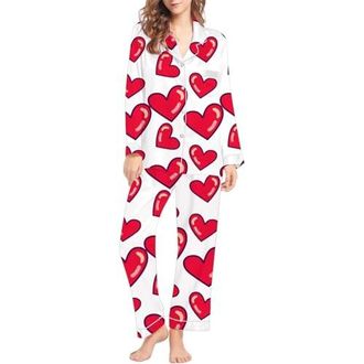 Generic Ensemble de pyjama 2 pi&egrave;ces en satin de soie avec imprim&eacute; coeur, v&ecirc;tements de nuit &agrave; manches longues, col &agrave; revers, chemise boutonn&eacute;e avec pantalon, t
