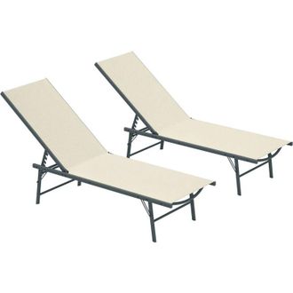 OUTSUNNY Lot de 2 bains de soleil - Outsunny - pliantes - inclinables - en textil&egrave;ne - de plage relax camping - 54 x 164 x 84 cm - cr&egrave;me