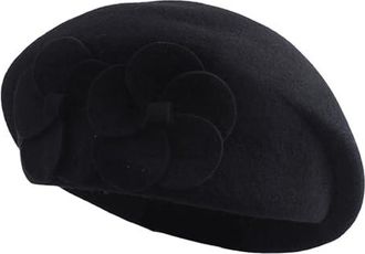 Generic B&eacute;ret en laine douce pour garder au chaud Couleur unie B&eacute;ret fran&ccedil;ais avec fleurs d&eacute;coratives pour homme Taille S, Noir, Taille unique