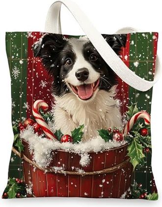 Generic Sac fourre-tout en toile de No&euml;l motif Border Collie pour faire du shopping, 33 x 38,1 cm, sac d&eacute;picerie r&eacute;utilisable pour femme, peinture danimaux do