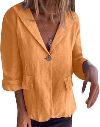 Generic Vestes pour femmes 2026 Manteau de costume en lin &agrave; revers crant&eacute; &agrave; un bouton, Orange, 5XL