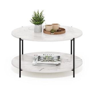 Furinno BESI Table Basse, Table Basse Ronde Moderne &agrave; 2 Niveaux avec Pieds en m&eacute;tal, Table dappoint &agrave; Structure m&eacute;tallique et &eacute;tag&egrave;re Ouverte, pour Salon, Cha