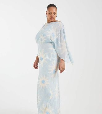 Never Fully Dressed Plus Julianna - Robe longue &agrave; manches asym&eacute;triques et imprim&eacute; soleil - Bleu