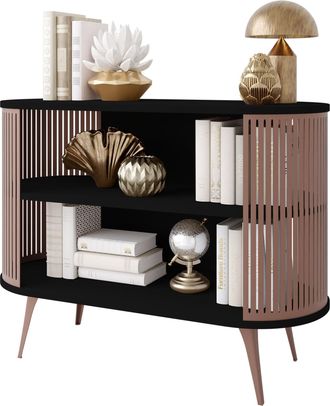 Mirjan24 Kommode mit Ablage Rajkon, Ovale Form, Beine aus Metall, Modernes Sideboard, Highboard, Anrichte, Mehrzweckschrank (Schwarz-Molet, Kupfer)