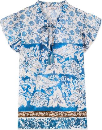 Oltre Femme, Blouses et Chemises, Bleu, Taille: 46 FR Blouse en mousseline de coton &agrave; motifs