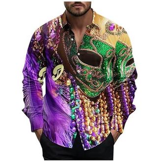 Generic Chemise de bowling colorée boutonnée en satin à manches longues pour homme - Haut décontracté à manches longues pour carnaval, boîte de nuit, soirée d