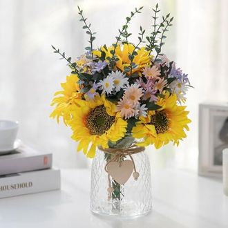 Nuptio Bouquet de Fleurs Artificielles Vase: Fausse Tournesol en Vases pour Interieur Maison Chambre Salon - Faux Fleur Decoratif Plante Centre de Table pour