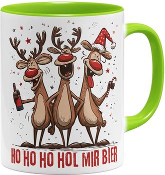 OM3 lustige Weihnachts Kaffee-Tasse mit Spruch - Ho Ho Ho Hol mir Bier - betrunkene Rentiere Christmas - Keramik Becher - 325ml - Beidseitig Bedruckt - He