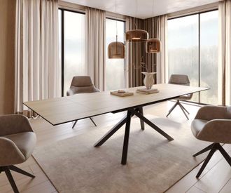 DELIFE Esstisch Edge 200-300x100 Keramik Laminam Sabbia Eichefarbig Kreuzgestell Rechteck Schwarz ausziehbar, Esstische