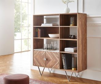 DELIFE Highboard Pacino 115 cm Sheesham Natur Steinplatte Wei&szlig; Marmor, Highboards