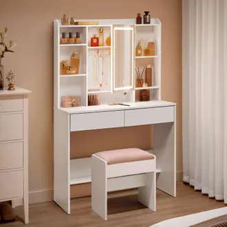 Vasagle Vasagle - Coiffeuse avec Éclairage led, Tabouret de Maquillage, Coiffeuse avec Miroir pour le Maquillage, Tabouret Rembourré, Stable, Moderne, Blanc