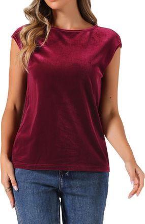 Allegra K Damen Samt Bluse Oberteil Fl&uuml;gel&auml;rmel B&uuml;ro L&auml;ssig Basic Rundhals T-Shirt Burgund XS