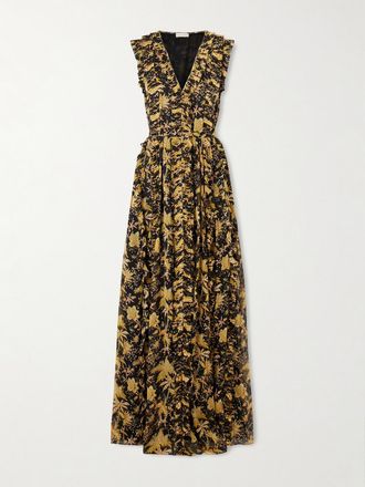 Ulla Johnson Aida Robe Aus Seidenchiffon In Metallic-optik Mit Blumenprint Und Falten - Schwarz