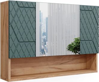 Vicco Badspiegelschrank Grün/Goldkraft Eiche Irma 80x55x17 cm - Badezimmerschrank mit Spiegel, Viel Stauraum für Badutensilien