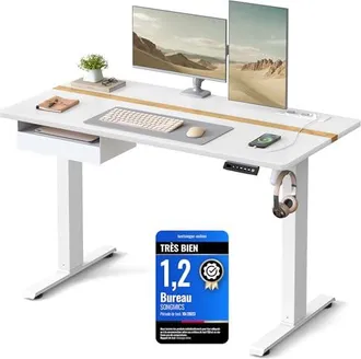 Vasagle Bureau &Eacute;lectrique R&eacute;glable en Hauteur, Bureau Assis-Debout, Surface 60 x 120 cm, R&eacute;glable en Continu, Fonction M&eacute;moire de 4 Hauteurs, Blanc LSD112W01