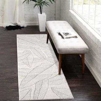Carpet City Tapis de couloir à poils courts gris, crème, 80 x 300 cm, motif profond, effet 3D, motif floral, revêtement de sol, décoration de chambre à coucher