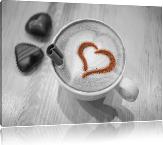 Pixxprint Leckerer Kaffee mit Herz B&W, Größe: 60x40cm, Leinwandbild, fertig gespannt, Wandbild, Dekoration, Kunstdruck, kein Poster