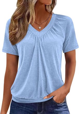 Onsoyours Tshirt Damen V-Ausschnitt T-Shirt Sommer Oberteile Kurzarm Longshirt Causal Falten Tops A Hellblau XXL