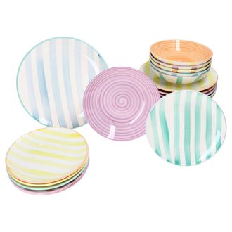 MamboCat Beach Pastello Stripes 18tlg Tellerset I Geschirr-Set aus Steingut mit Pastell-Streifen f&uuml;r 6 Personen I Je 6X Speiseteller, Suppenteller & Kuchentell