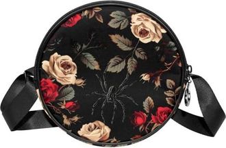 Generic Sac &agrave; bandouli&egrave;re rond pour femme, motif roses araign&eacute;es, petit sac &agrave; dos &agrave; bandouli&egrave;re avec fermeture &eacute;clair, bretelles r&eacute;glables, sac &agrave; main rond d&eacute;