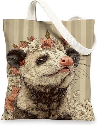 Generic Sacs fourre-tout en toile à motif floral Opossum réutilisables, légers et lavables avec bandoulière pour salle de sport, extérieur, voyage, plage, piq