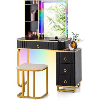 Costway Costway - Coiffeuse avec Miroir led, Table de Maquillage avec Tabouret Rembourré, 4 Tiroirs, Lumières led rvb avec 7 Modes Dynamiques, Station De