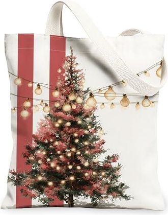 Generic Sacs fourre-tout en toile motif sapin de No&euml;l, sacs de courses r&eacute;utilisables, festifs, l&eacute;gers et lavables, Blanc, 13x15 Inch