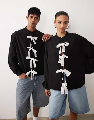 Sister Jane Sister Jane - Chemise unisexe &agrave; manches longues et d&eacute;tails noeud - Noir